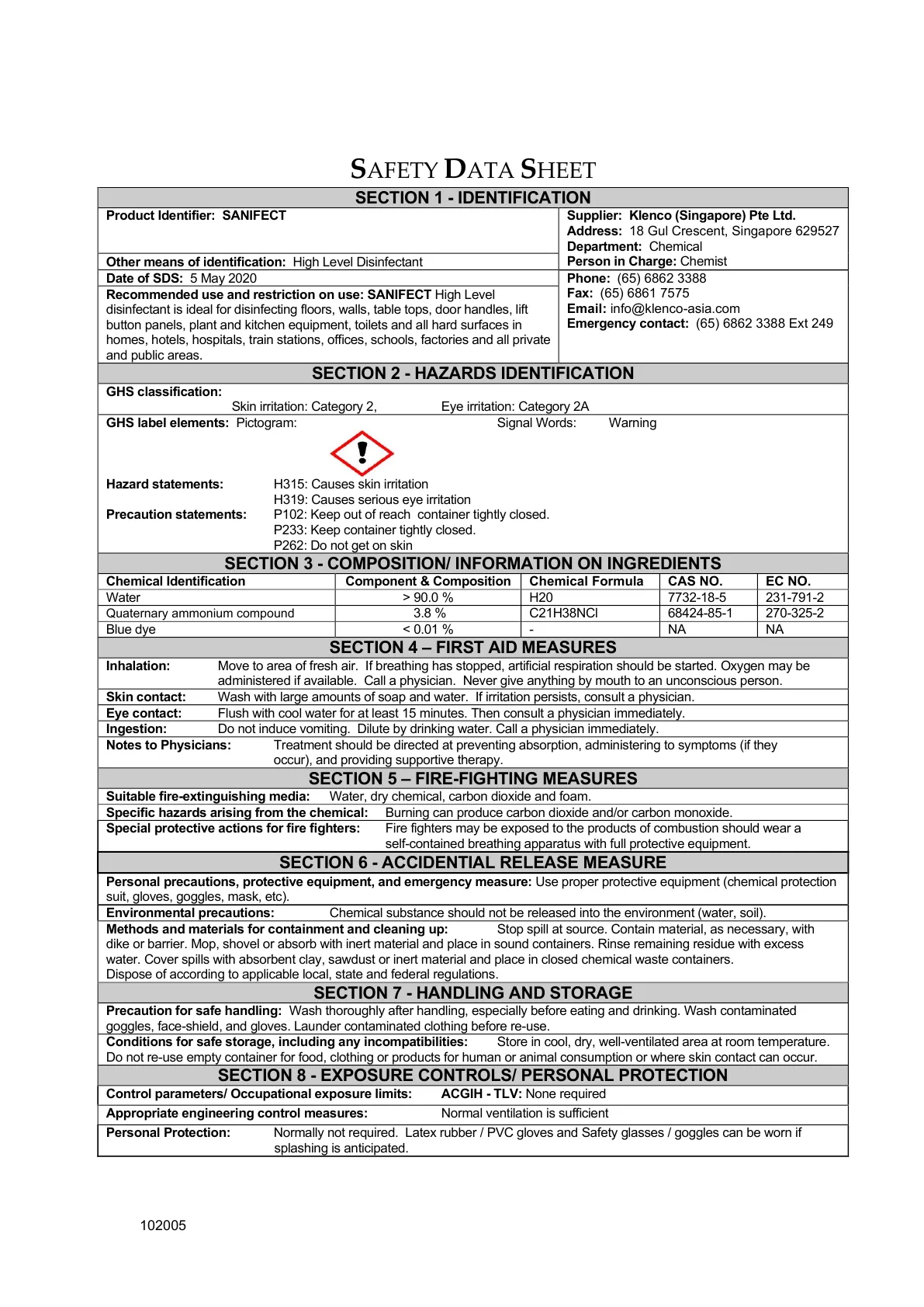 BẢNG DỮ LIỆU AN TOÀN SANIFECT - KLENCO VIỆT NAM